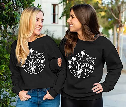 Alice in Wonderland Sweatshirt Women Vintage Mad Hatter Shirt Magic Kingdom Pullover Vacation Long Sleeve Tops Black
