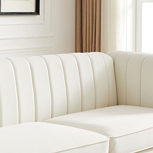 83" Modern Chesterfield Sofa, Melpomene Velvet Sofa Couch with Flared Arms and Removable Cushions for Living Room Bedroom(Beige)