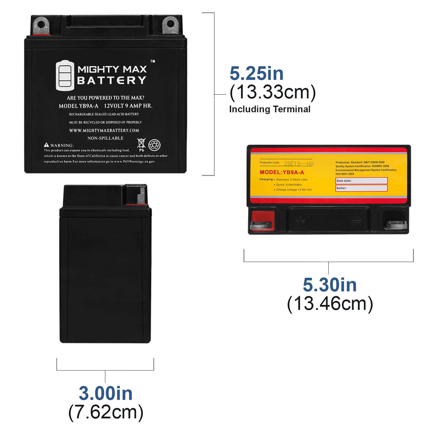 Mighty Max Battery YB9A-A -12 Volt 9 AH, 130 CCA, Rechargeable Maintenance Free SLA AGM Motorcycle Battery