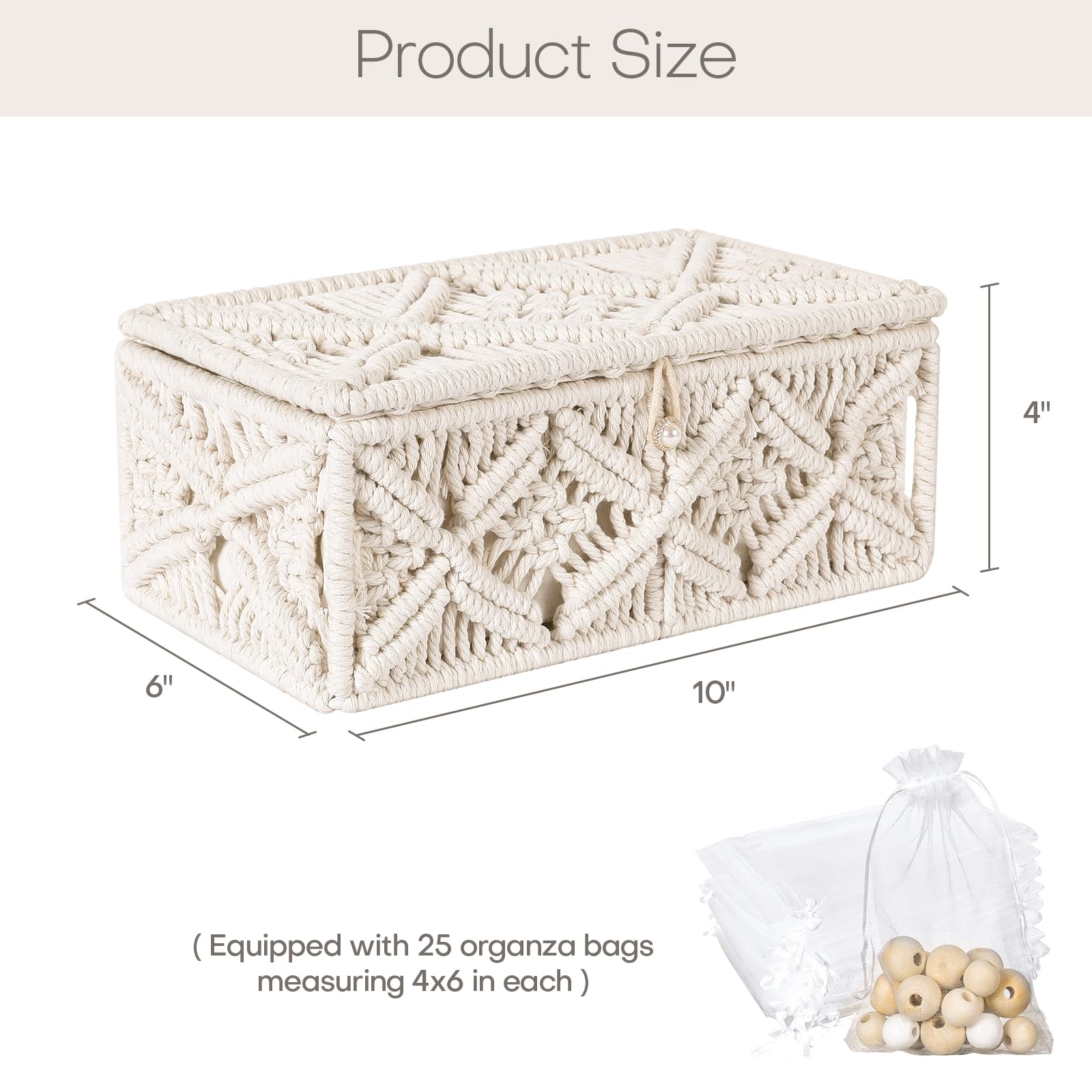 ANMINY Macrame Storage Basket with Lid & 25Pcs Organza Gift Bags Bohemian Jewelry Box Handmade Woven Natural Cotton Rope Lidded Bin Decorative Desktop Organizer Countertop Tank Shelf Cabinet Container