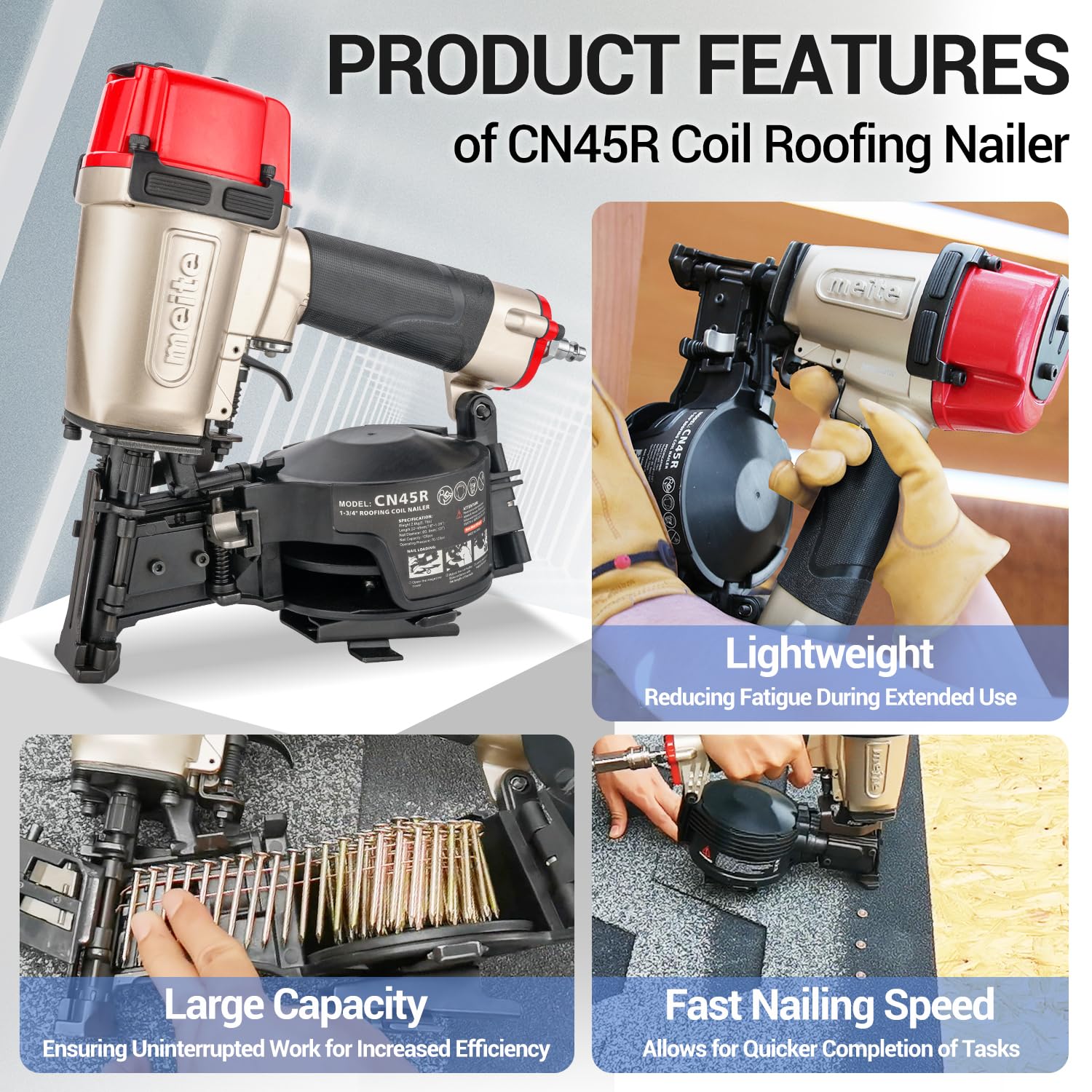 meite Roofing Nailer, Pneumatic Coil Roofing Nail Gun, Compatible with 15 Degree 7/8" to 1-3/4" Coil Roofing Nails, Lightweight Roofing Tools with Adjustable Nail Depth, Safety Switch (CN45R)