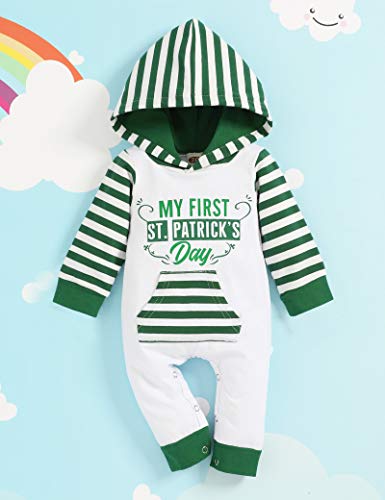 WALSONER My First St Patrick's Outfit Baby Boy Stripe Hooded Romper Bodysuit St.Patrick's Day Clothes 6-9 Months
