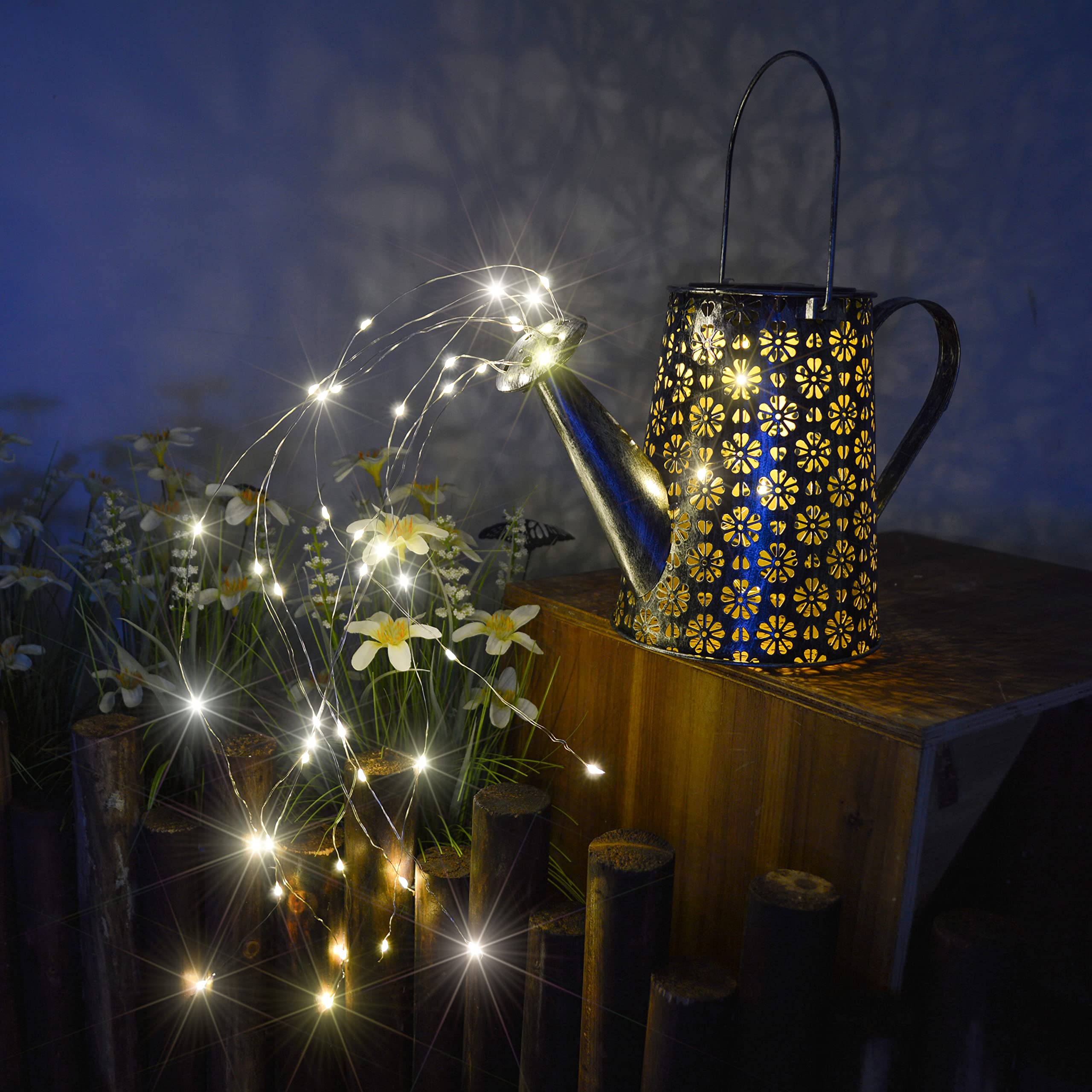 Cubular Solar Watering Can with Lights Outdoor - Metal Waterproof Garden Flower Decor Stake Light Art Decor Gift for Table Patio Yards Pathway Party - Hanging Solar Lantern with Fairy Waterfall Light