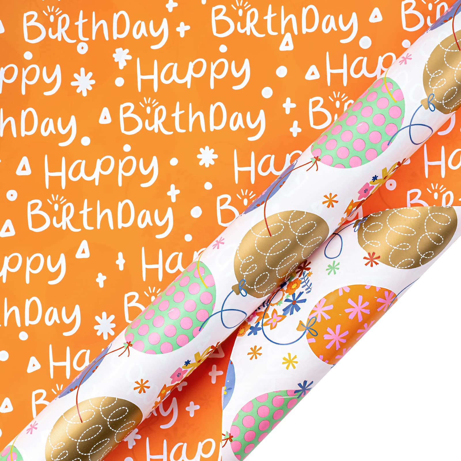 LeZakaa Reversible Birthday Wrapping Paper Roll - Flower Balloon & Happy Birthday Lettering - 17 inches x 32.8 Feet (46.45 sq.ft.)
