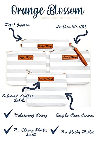 Stylish Diaper Bag Organizing Pouches - XL Set of 4 Gray and White Striped Canvas Diaper Bag Pouches with Leather Embossed Labels, Leather Wristlet Strap & Durable Metal Zippers