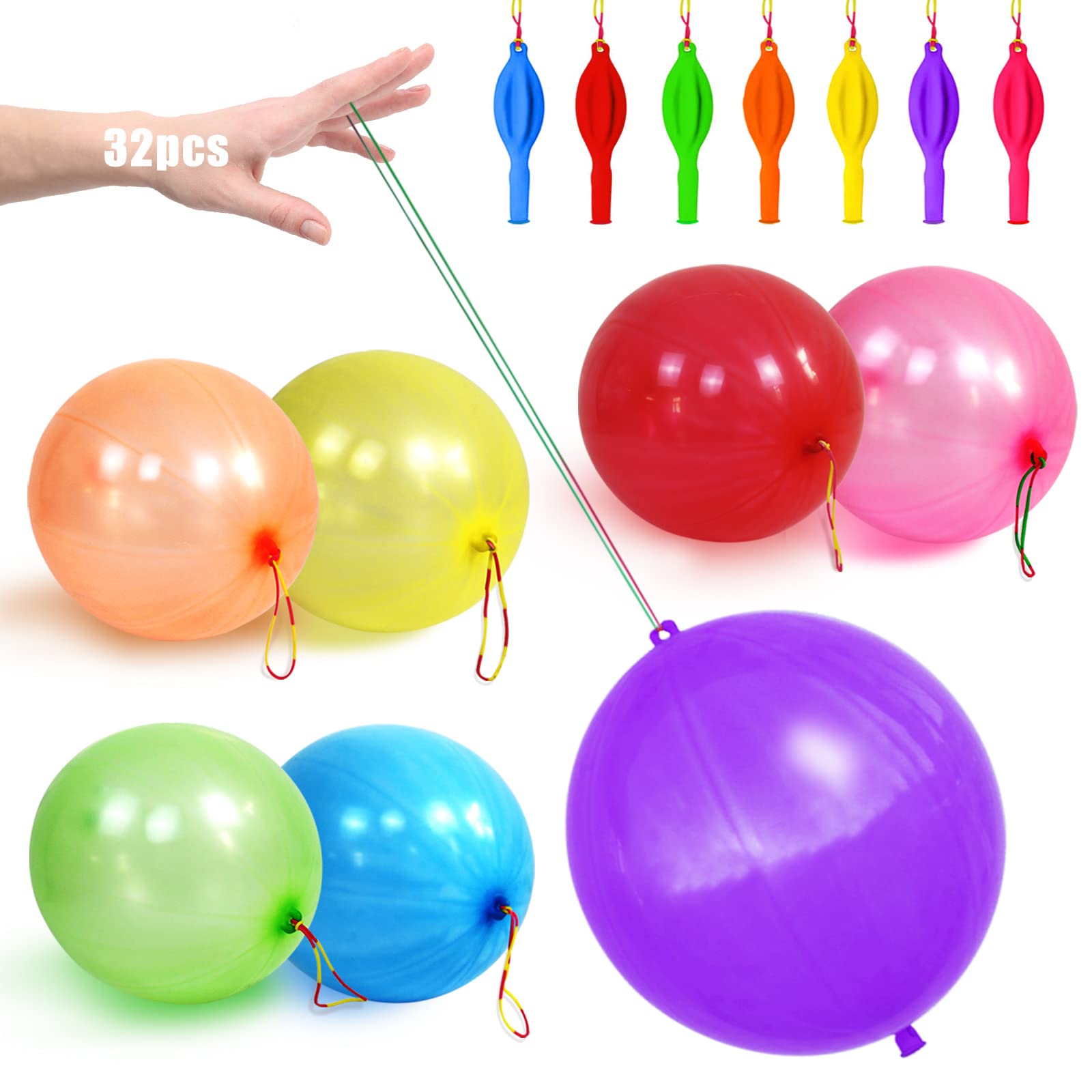 32PCS Punch Balloons Thickened Latex Punching Balloon Assorted Color Bounce Balloons with Upgraded Strong Rubber Band Handle Heavy Duty Party Favors For Kids Birthday Party Wedding Fun Balloons