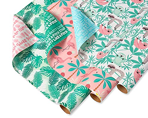 American Greetings Reversible Palms, Sloths, Flamingo Wrapping Paper for All Occasion, Green and Pink (3 Rolls, 120 sq. ft.)