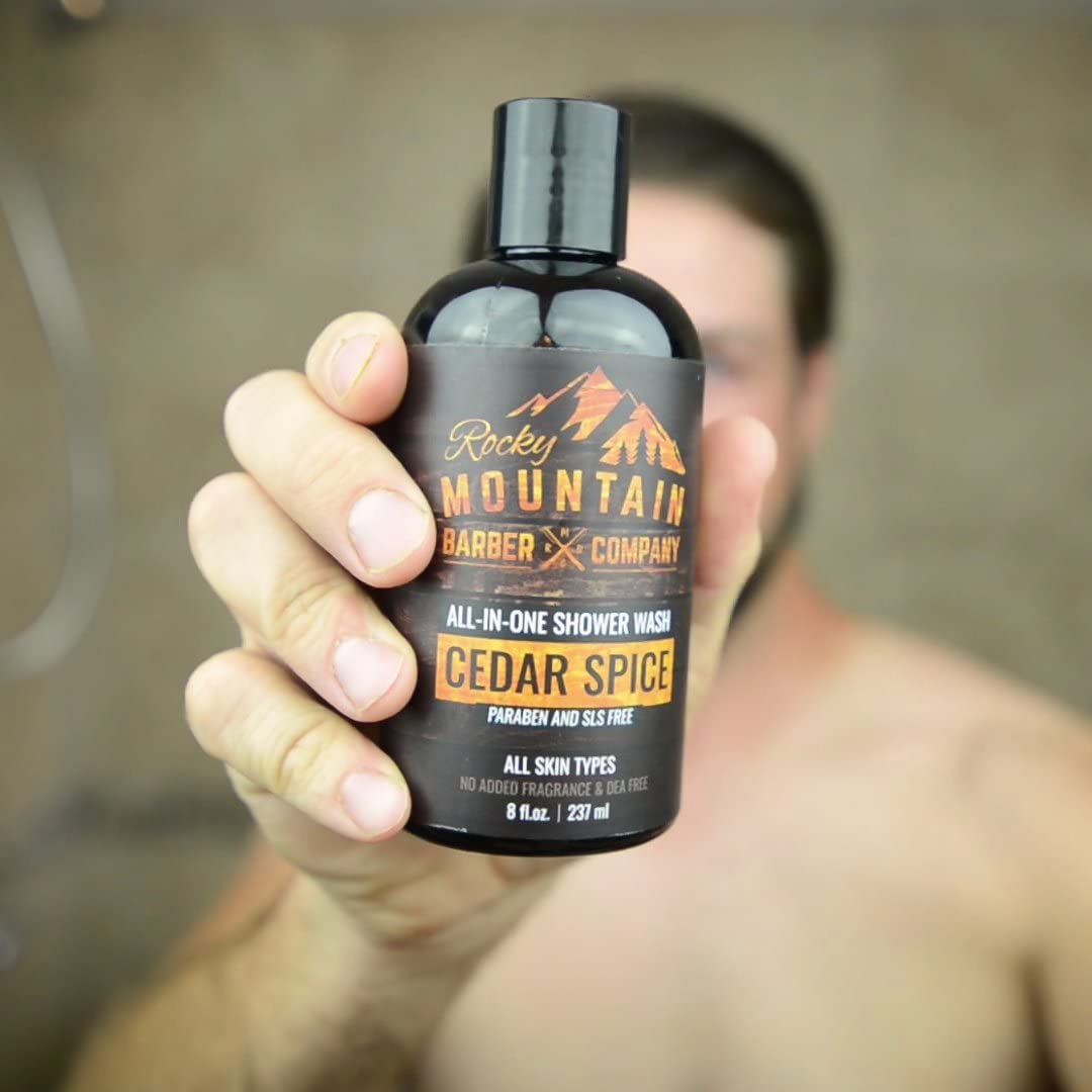 Rocky Mountain Barber Company Cedar Spice All-In-One Body Wash β Shampoo, Body Wash, Conditioner, Face Wash & Beard Wash with Essential Oils - 8 oz