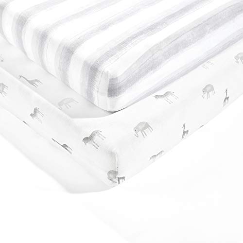 Lush Decor Baby Jungle Adventure Organic Cotton 2 Pack Fitted Crib Sheet, Gray, 52" L x 28" W + 9" Drop