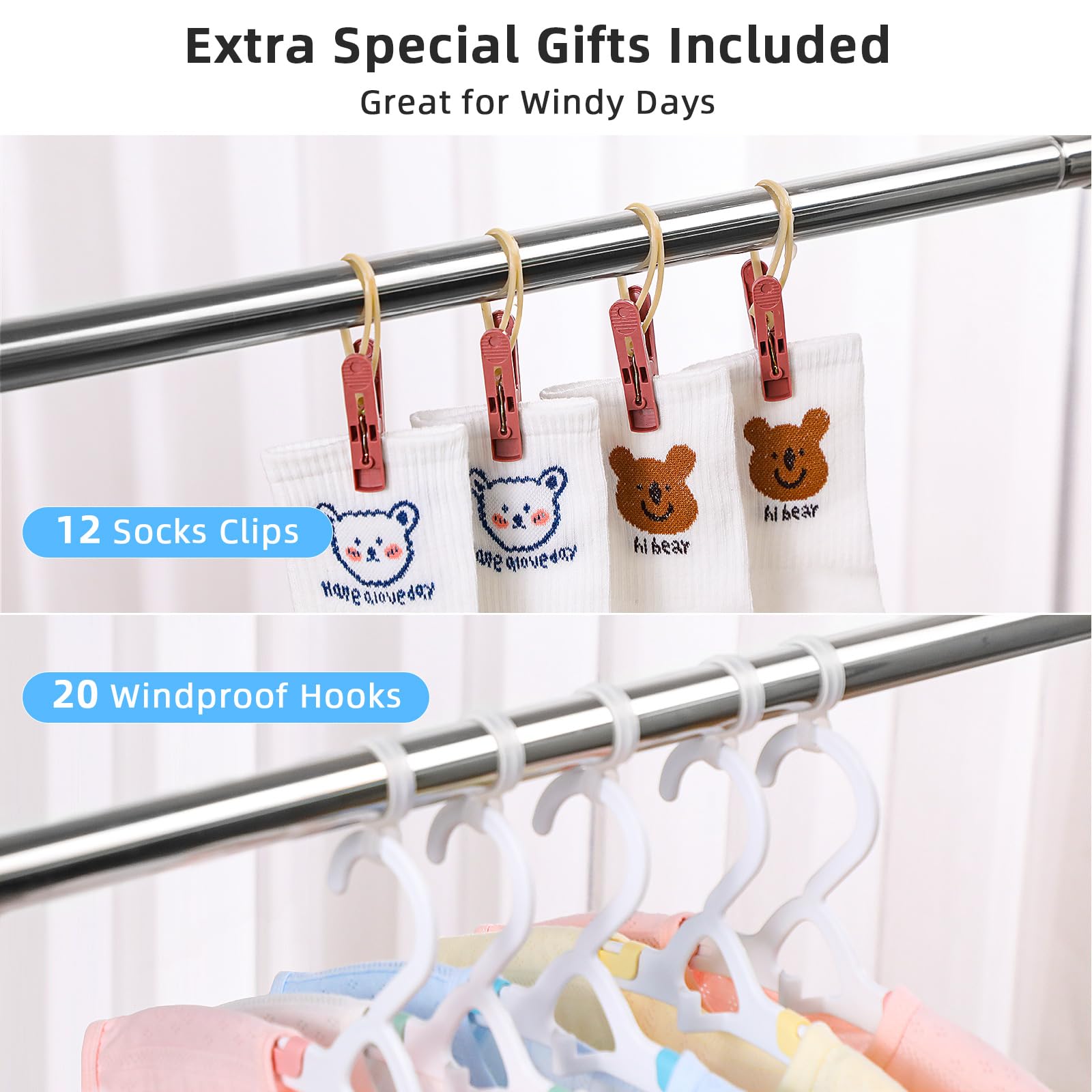 funest Clothes Drying Rack, 79 Inches Adjustable & Foldable Laundry Drying Rack, Heavy Duty Stainless Steel Drying Rack Clothing with 20 Hooks, 12 Clips, Suitable for Indoor, Outdoor and Balcony