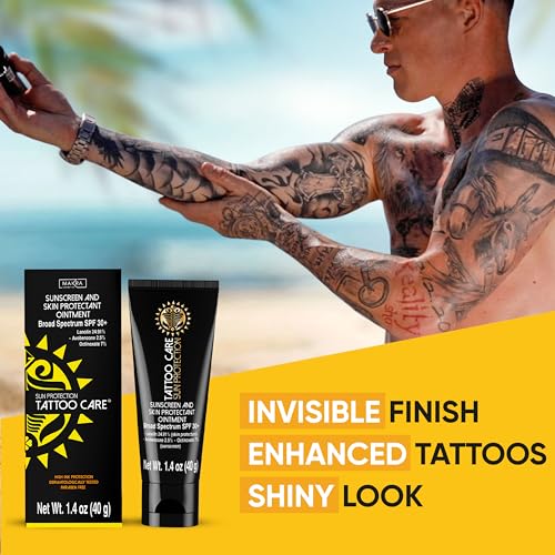 Makra Tattoo Care Sunscreen β SPF 30+ All Natural Tattoo Sun Protection - UVA/UVB Protection - Deeply Moisturizes and Protects Ink Against Fading - Enhances Colors, Water Resistant - 1.35 Oz/40 g