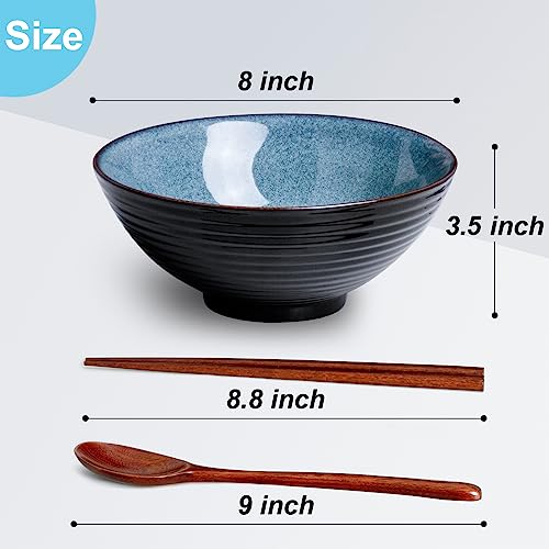Auanlay 8 Inch Ceramic Ramen Bowl Set of 2, Porcelain 40 oz Japanese Udon Soba Pho Asian Soup Noodle Bowls with Chopsticks and Spoons
