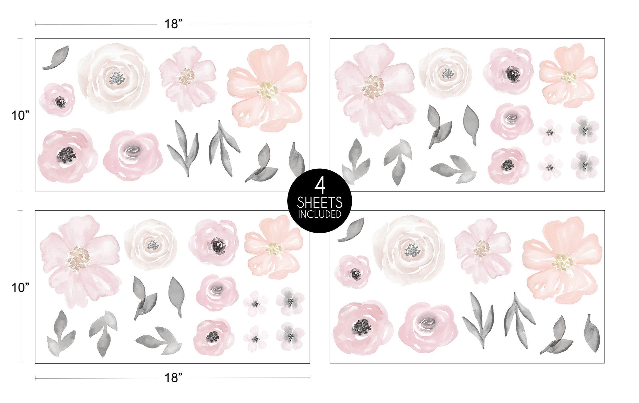 Blush Pink, Grey and White Wall Decal Stickers for Watercolor Floral Collection by Sweet Jojo Designs - Set of 4 Sheets