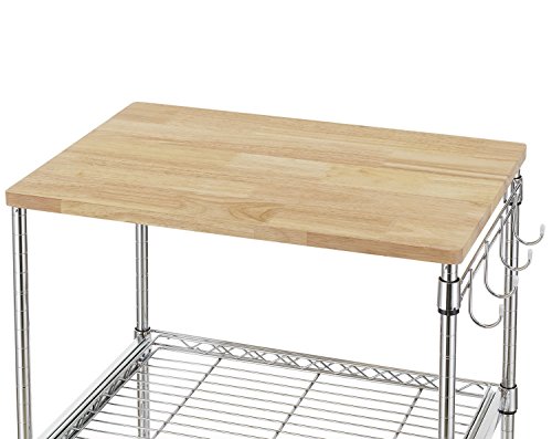 Finnhomy 3-Tier Wire Rolling Kitchen Cart, Food Service Cart, Microwave Stand, Oak Cutting Board and Chrome