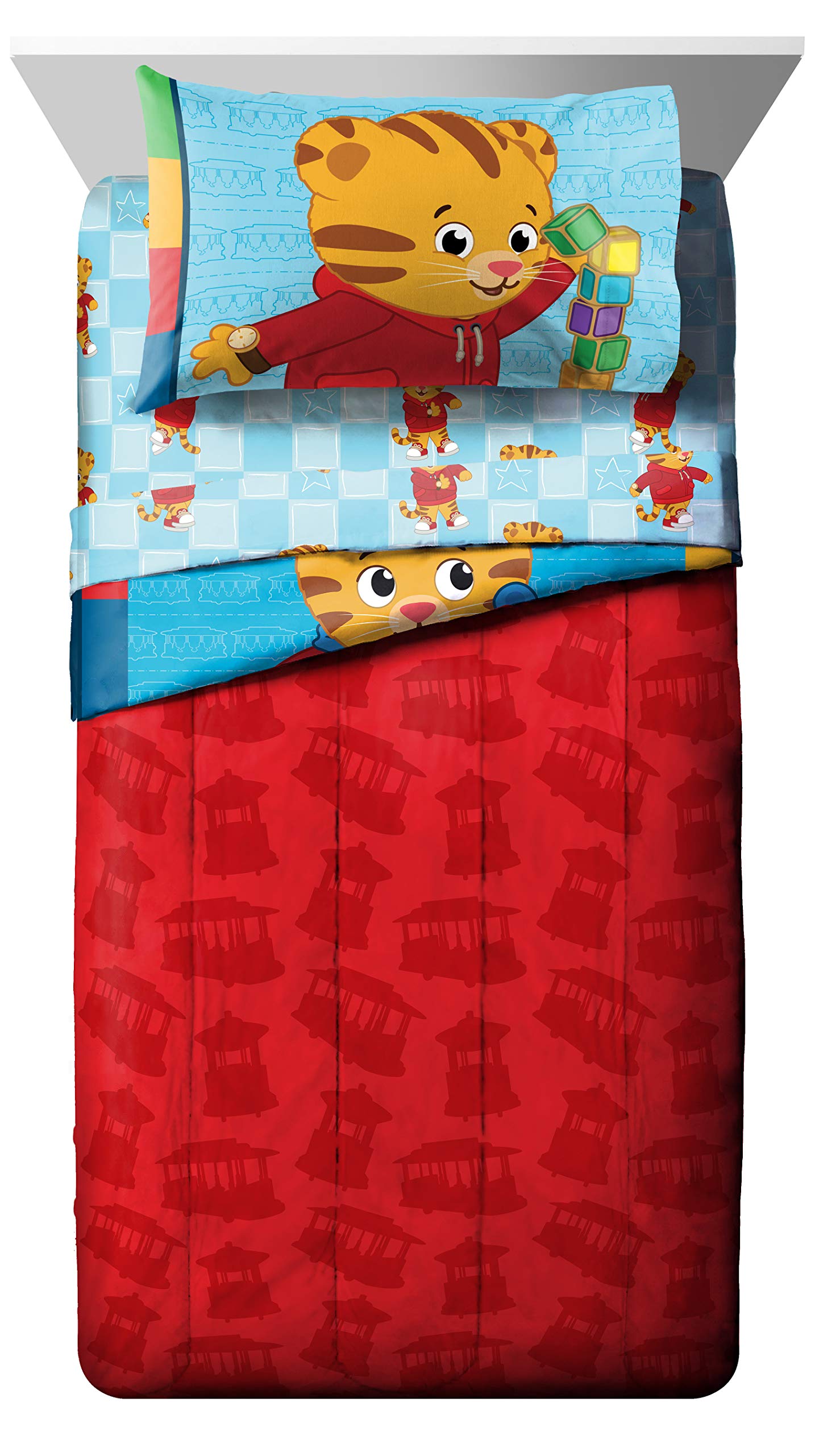 Daniel Tiger's Neighborhood Tiger Trolley 4 Piece Toddler Bed Set β Includes Comforter & Sheet Set Bedding - Super Soft Fade Resistant Microfiber (Official Daniel Tiger's Neighborhood Product)