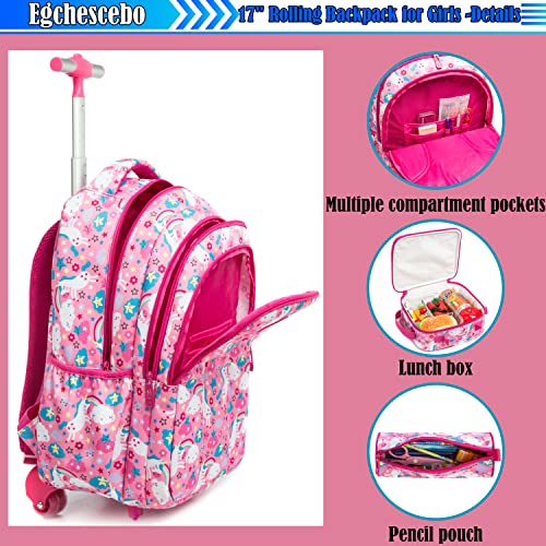 Egchescebo Girls Rolling Backpacks with Wheels 3PCS Unicorn Backpack Set for School Wheeled Luggage Suitcase Lunch Box Pencil Case Large Capacity Bookbag Adjustable Trolley for Elementary Travel Red