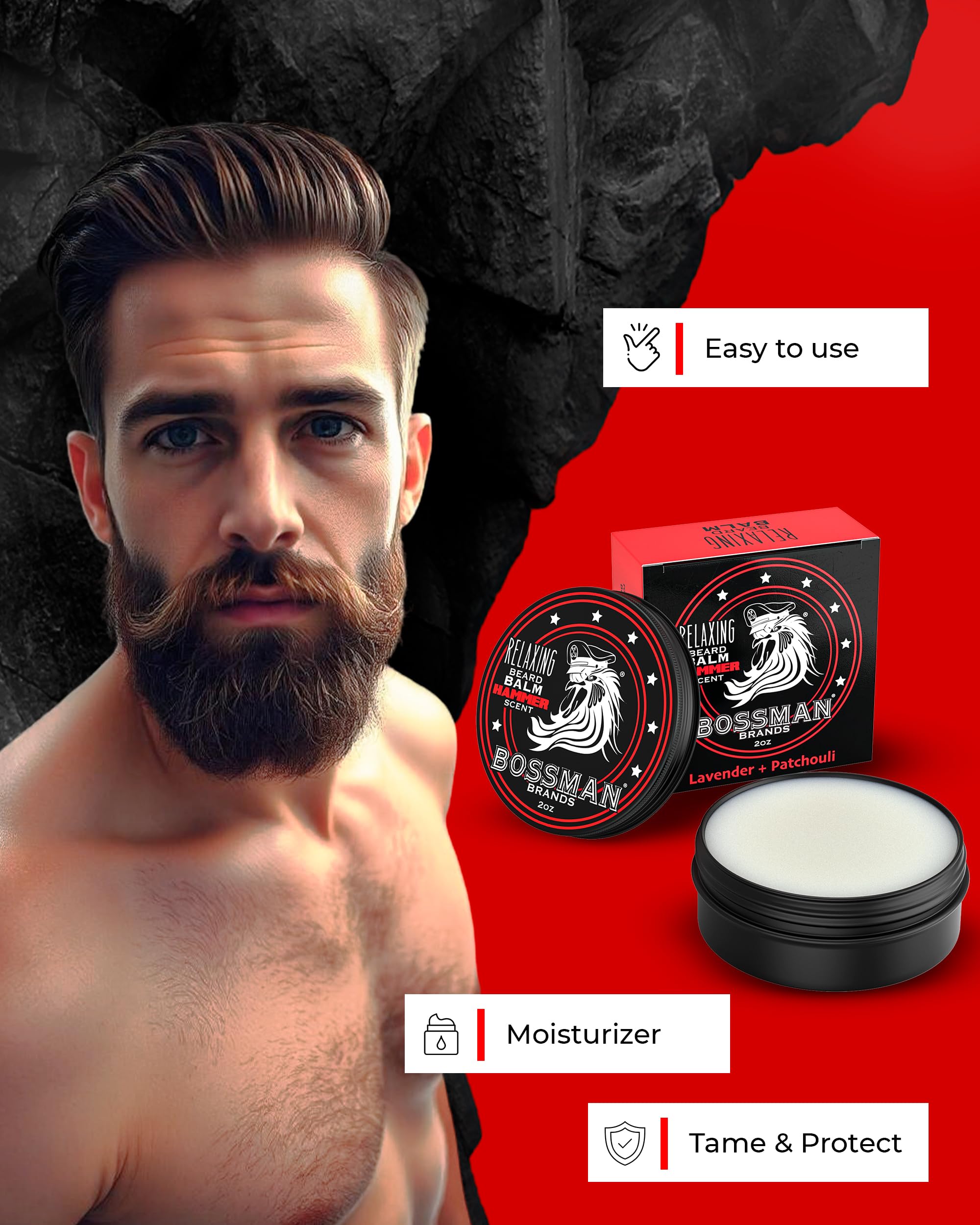 Bossman Relaxing Beard Balm - Beard Tamer, Relaxer, Thickener and Softener Cream - Beard Care Product - Made in USA (Hammer Scent)