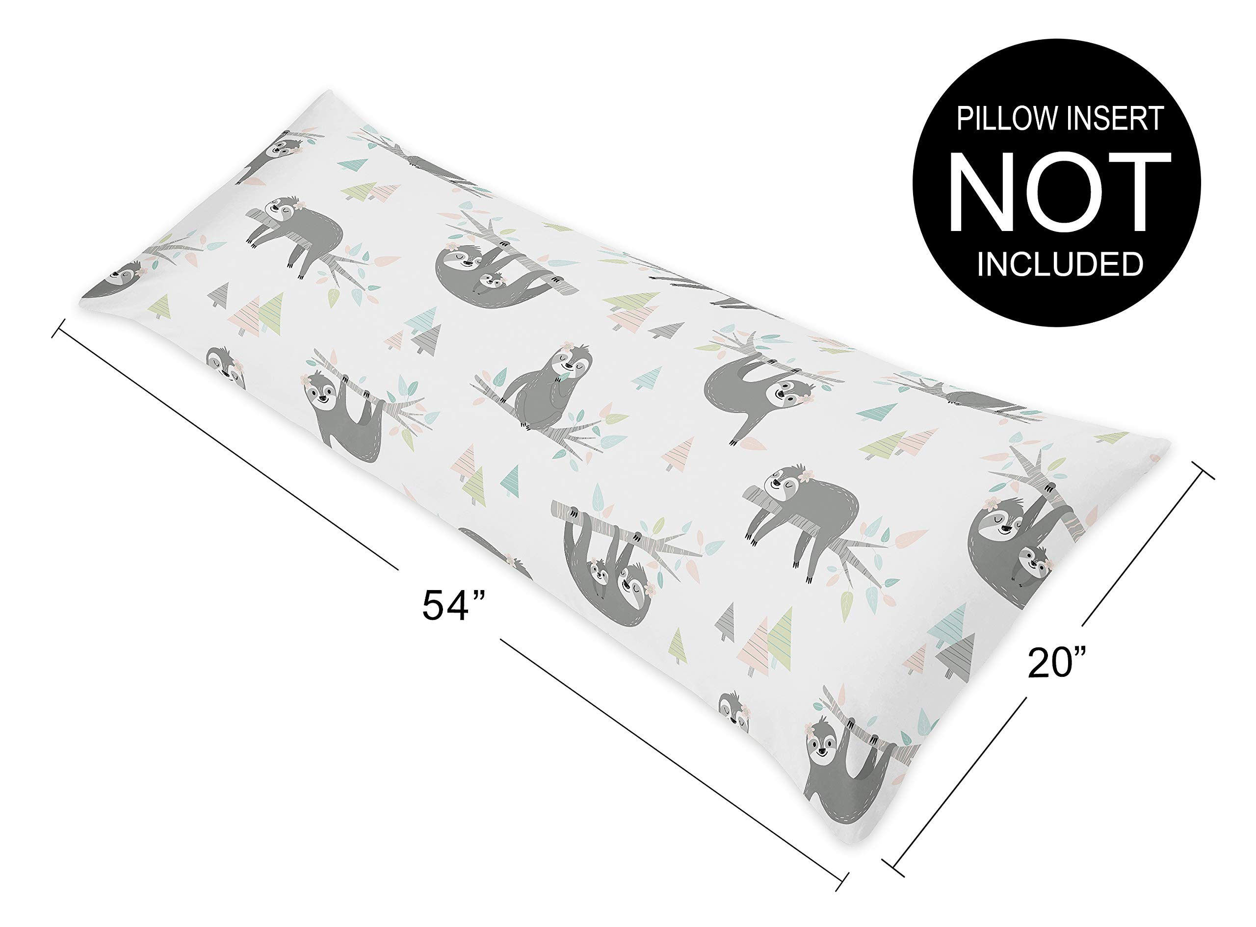 Sweet Jojo Designs Pink and Grey Jungle Sloth Leaf Body Pillow Case Cover (Pillow Not Included) - Blush, Turquoise, Gray and Green Botanical Rainforest