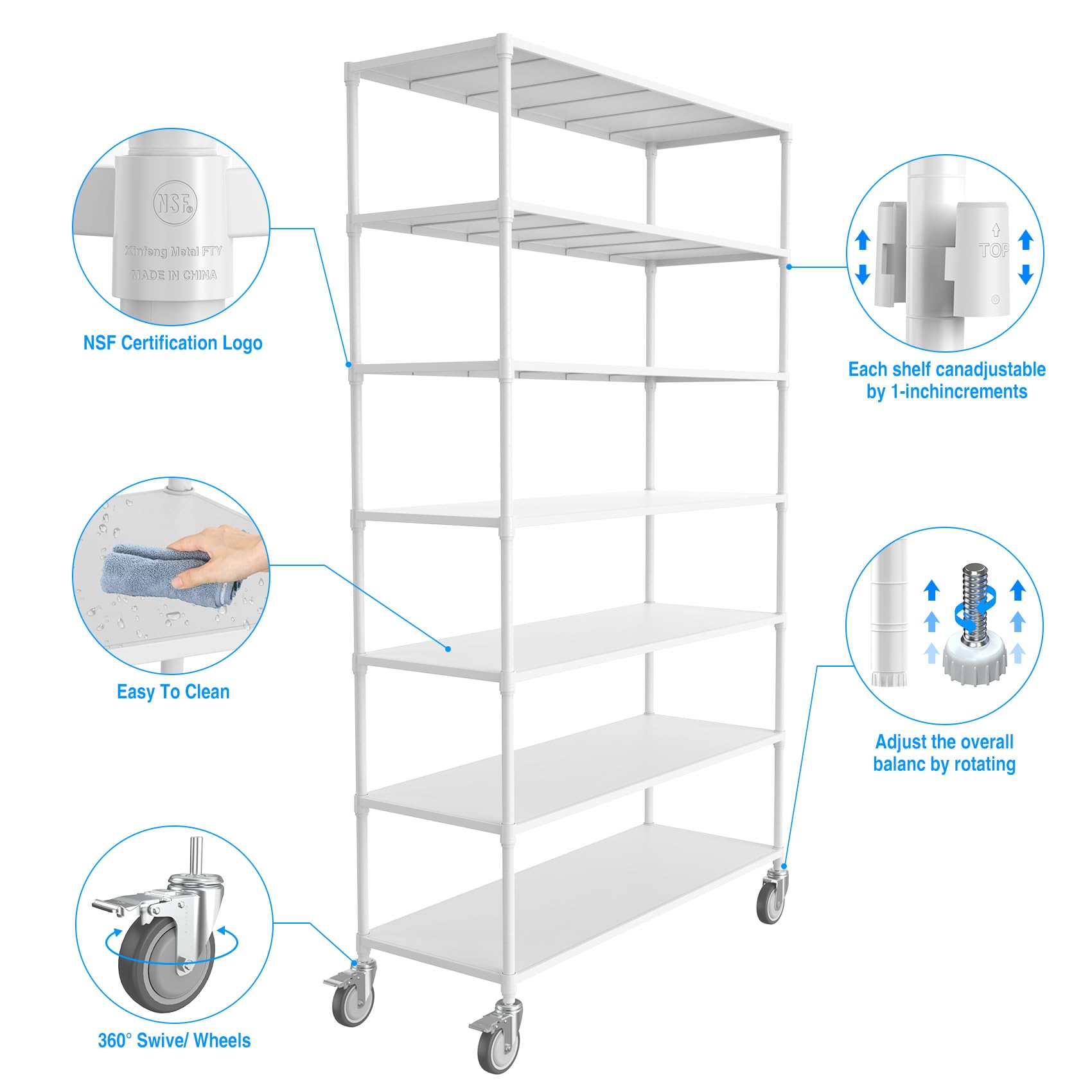 7 Tier 2800lbs Capacity NSF Metal Panel Shelf Shelving Unit - Heavy Duty Adjustable Storage Rack with 5in Wheels/Leveling Feet - Ideal for Office, Kitchen and More 17.72"D x 47.25"W x 84.25"H - White