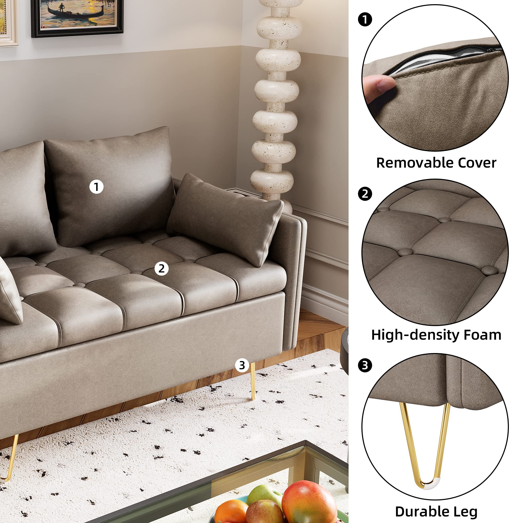 44.5 Inch Small Modern Loveseat Sofa Couch with Storage Under Seat Cushion, Comfy Leather Fabric 2-Seat Sofa with 4 Pillows,Memory Foam, for Small Spaces, Living Room, Bedroom, Dark Brown