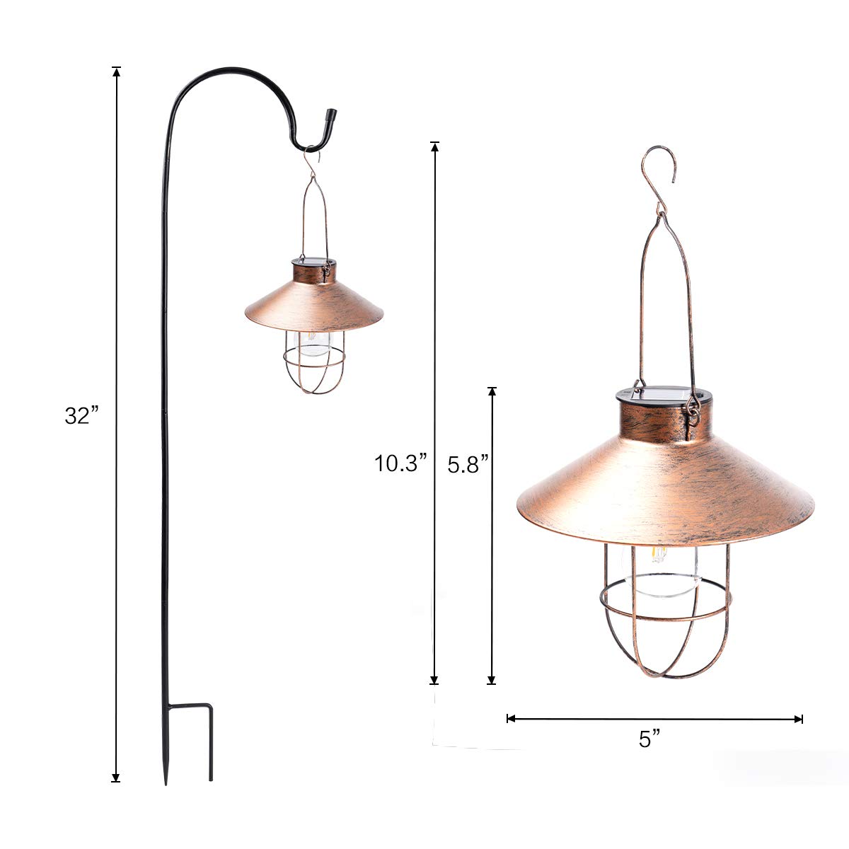 2Pack Solar Metal Hanging Lantern with Shepherd Hook Outdoor Led Garden Lights Brushed Copper