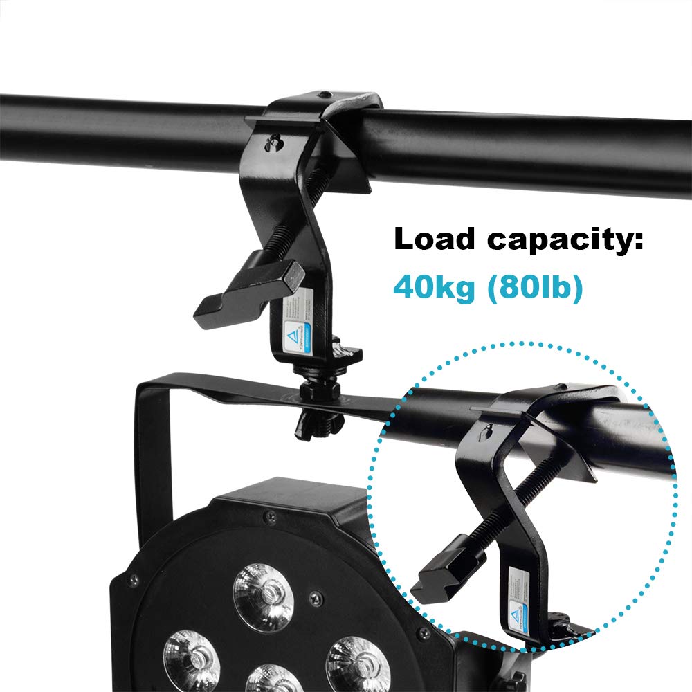 4 Pack Black Stage Light Clamps Iron Lighting Truss Hook Heavy Duty C Clamps with Fixed Plate for DJ Par Light Spot Lights, Fit 1⅜-1⅝ inches (F24) Square and Round Pipe, Load 80 lb, TUV Certification