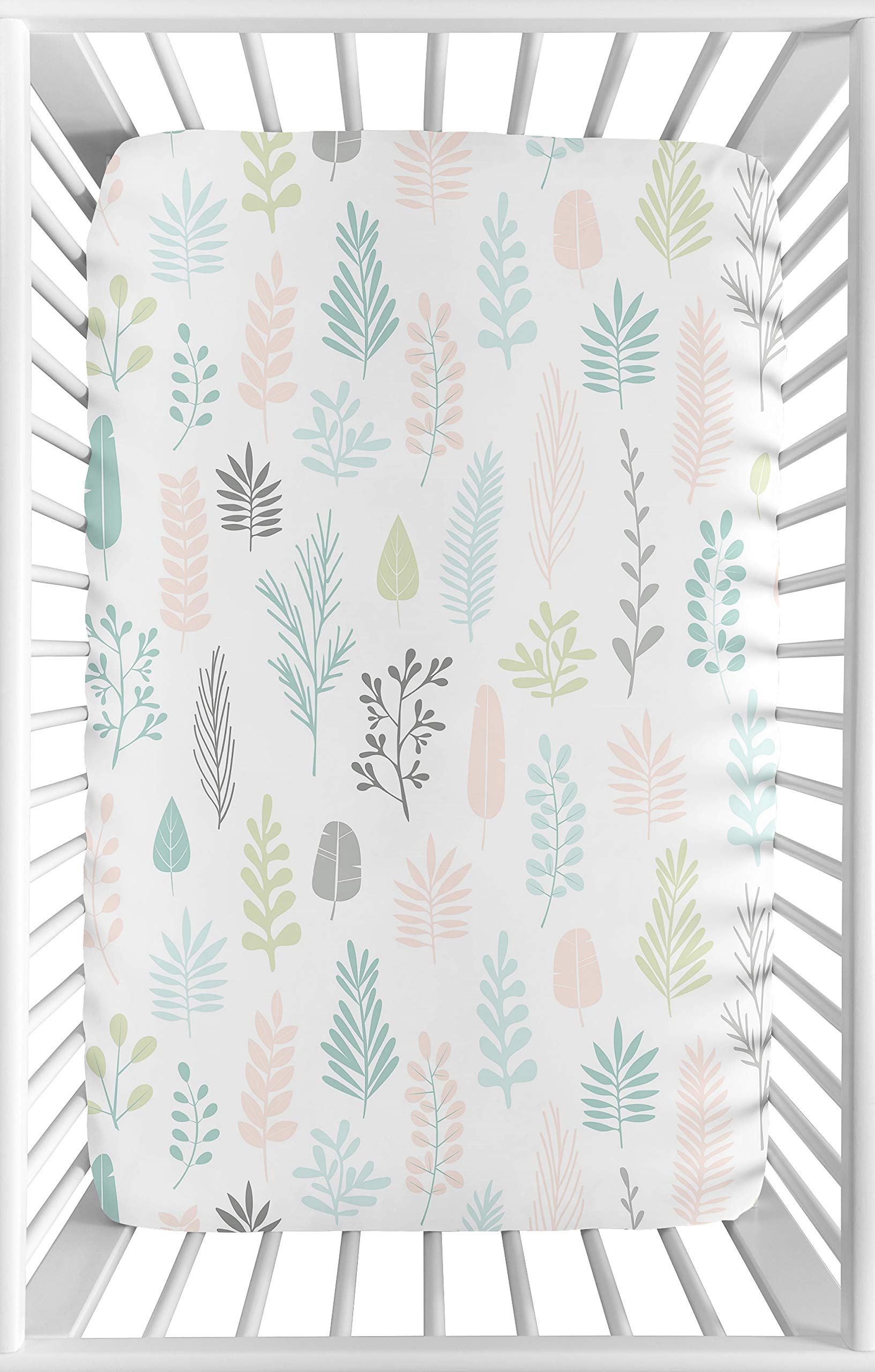 Sweet Jojo Designs Pink Grey Tropical Leaf Girl Baby Nursery Fitted Mini Portable Crib Sheet For Mini Crib or Pack and Play - Blush, Turquoise, Gray, Green Botanical Rainforest Jungle Sloth Collection