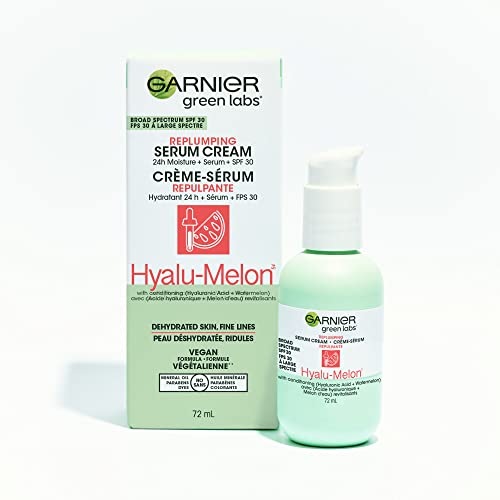 Garnier Green Labs Hyalu-Melon 3-in-1 Replumping Serum Cream with Hyaluronic Acid, 24h Moisture + Serum + SPF 30, 2.4 Fl Oz (72mL), 1 Count (Packaging May Vary)