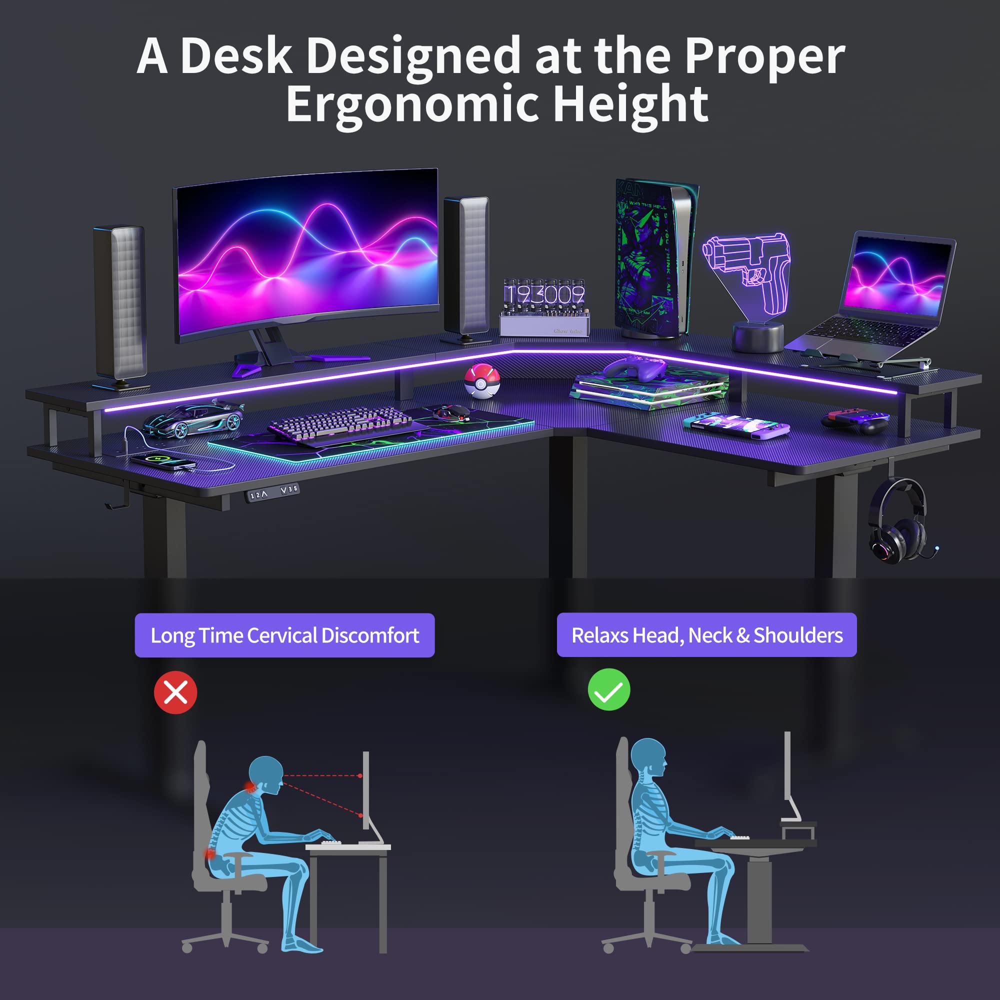FEZIBO Triple Motor 63" L Shaped Standing Desk with 3 Drawers, Electric Standing Desk Adjustable Height, Corner Stand up Desk with Splice Board - Light Walnut