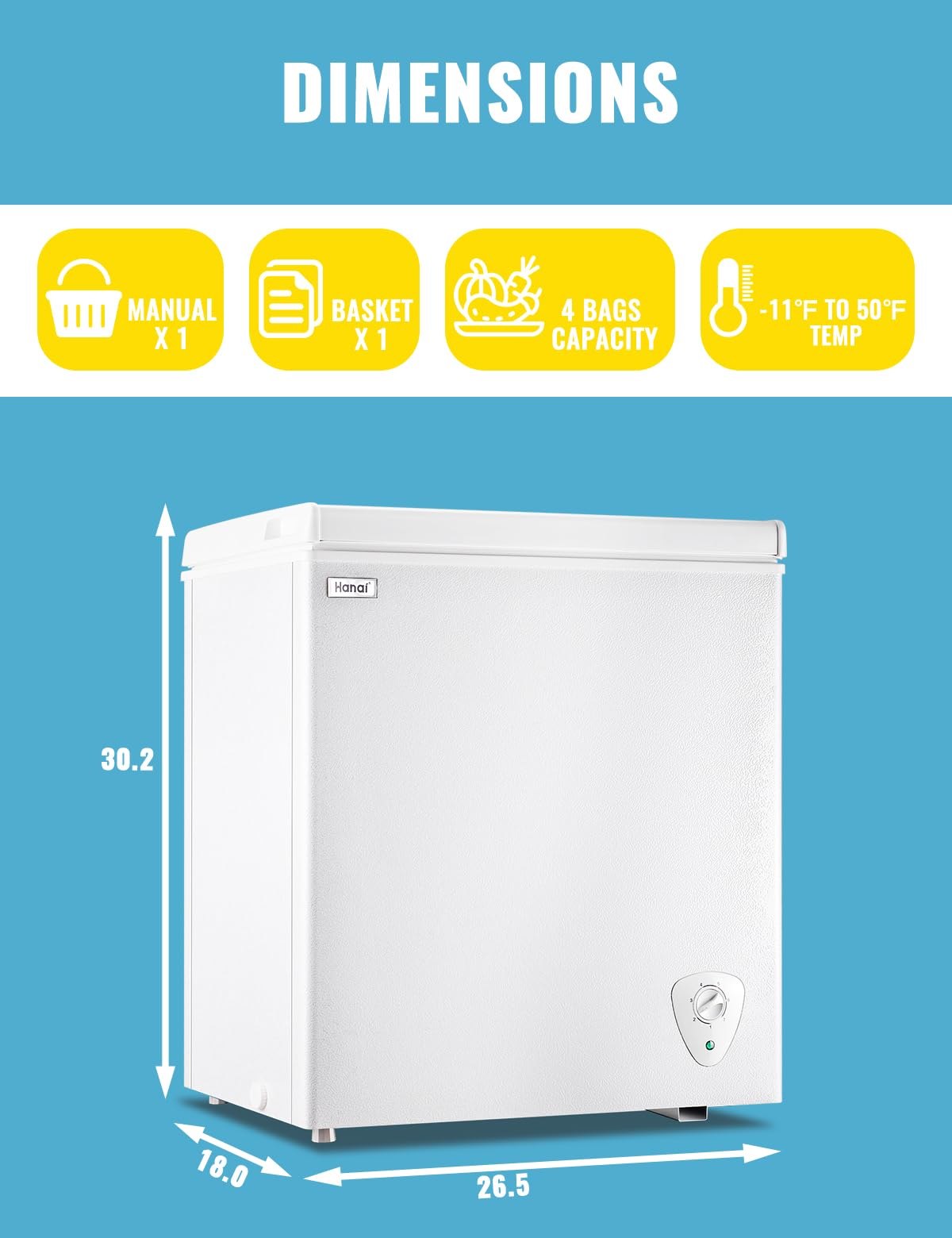 5.0 Cubic Feet Chest Freezer Small Deep Freezers with Removable Storage Basket Free Standing Top Door Compact Freezer 7 Gears Temperature Control for Office Dorm Apartment