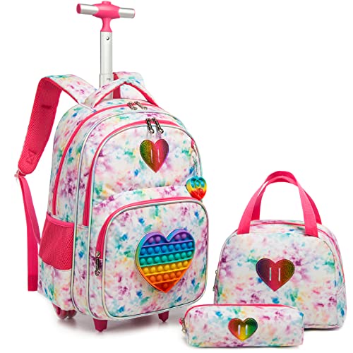 Egchescebo School Bags Kids Rolling Love Backpack for Girls Luggage Suitcase With Wheels Trolley Wheeled Backpacks for Girls Travel Bags 17' 3PCS Toy With Lunch Box Red