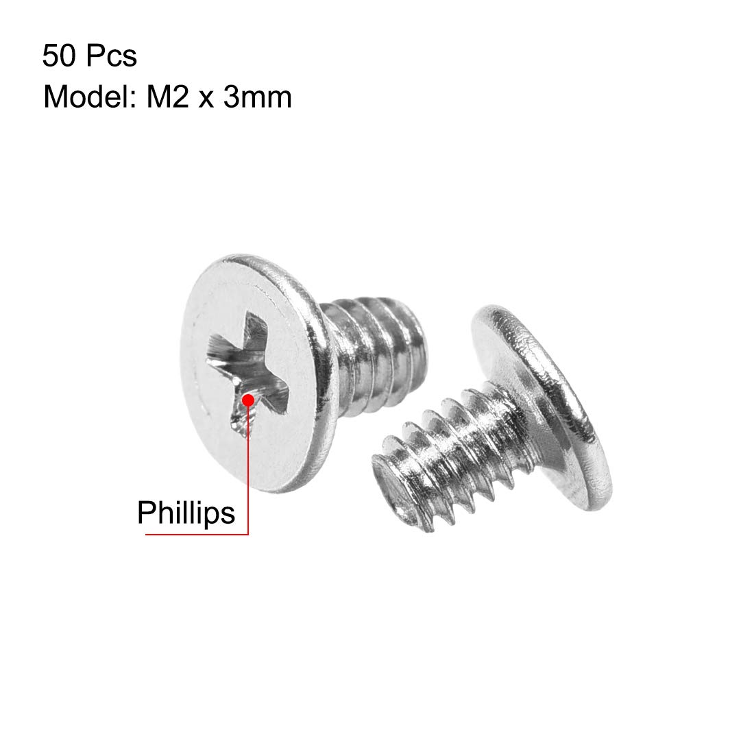 uxcell M2x3mm Phillips Screw Fastener Silver Tone 3.8mm Dia Screw Head for Laptop PC TV Fan Switch 50pcs