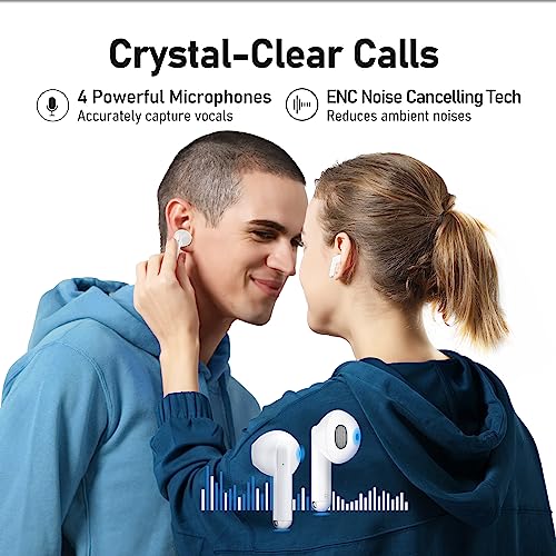 Audiovance NT301 Earbuds, Wireless Headphones Bluetooth Ear Buds for iPhone and Android, Comfort Fit, Premium Sound, Clear Calls, Wireless Charging, Waterproof, 23H Battery Earphones (White)