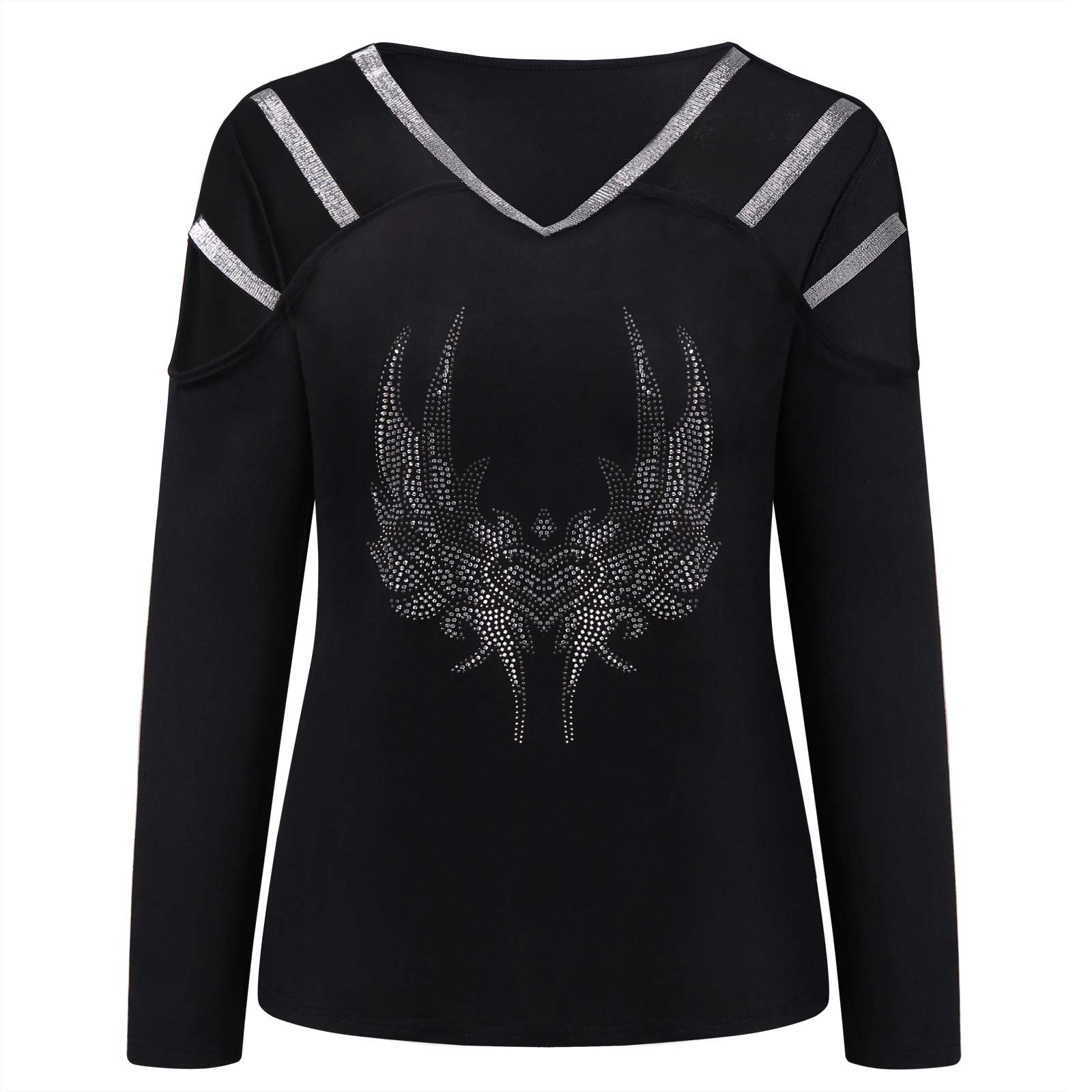Padaleks Womens Casual Tops Long Sleeve Cutout Cold Shoulder Crewneck Rhinestone Blouse Pullover Shirt Sweatshirts