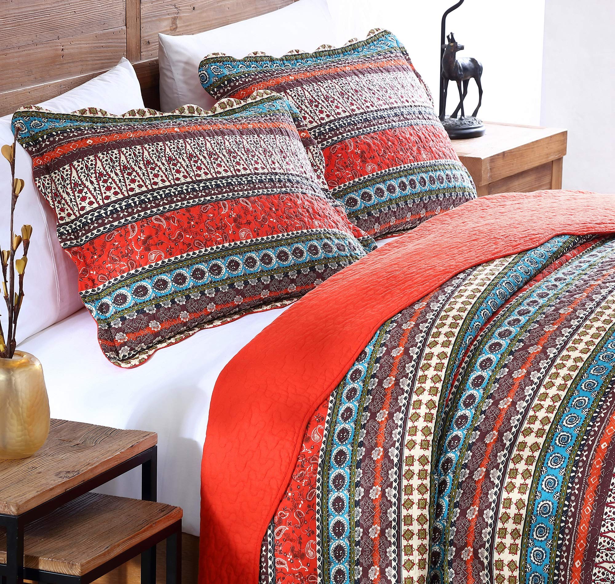 Chezmoi Collection Odette 2-Piece Boho Chic Rust Orange Brown and Red Pre-Washed 100% Cotton Bohemian Bedspread Quilt Set, Twin Size