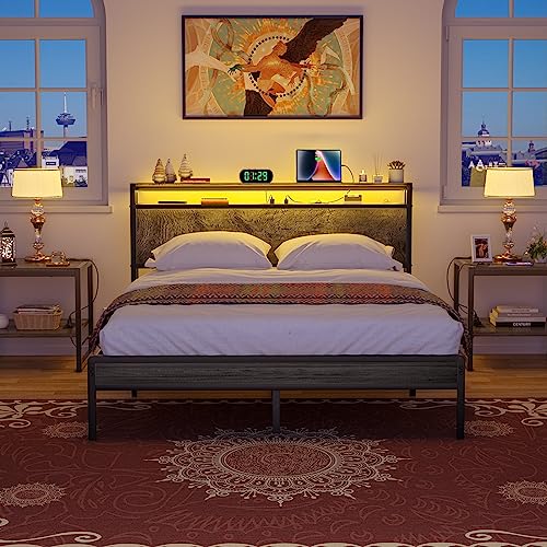 Homieasy Queen Size Bed Frame with Charging Station and Led Lights, Industrial Metal Platform Bed with Storage Headboard, Steel Slat Support, No Box Spring Needed, Noise-Free, Easy Assembly, Black Oak