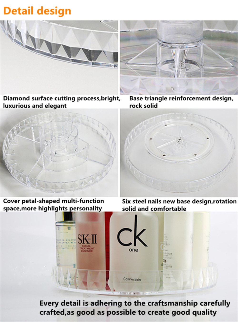 BOTIDE Diamond Pattern Three Layers Perfume Organizer, 360 Rotating Diamond Cosmetic Storage Box Transparent Acrylic Swivel Shelf Desktop Skin Care Product Dresser Finishing, Plus Size