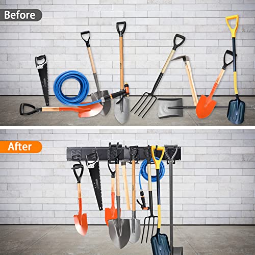 Garage Tool Storage Rack, 48 Inch Adjustable Garage Organizer Wall Mounted 11 PCS Garage Storage with 8 Hooks, Super Heavy Duty Garden Tool Hanger for Shovels, Rake Shovel Yard Tools,Hold Up to 450lbs