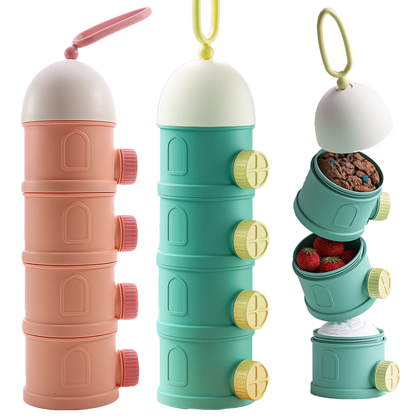 2 PCS 4 Layers Baby Milk Powder Dispenser, Milk Powder Pots,Candy Storage Tank, Portable Milk Powder Formula Dispenser Container Pot Box Milk Cans Snack Storage Box for Travel (Pink + Green)