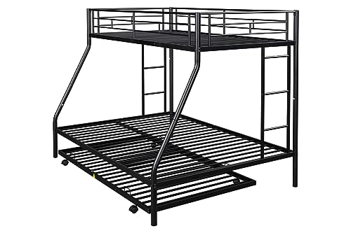 BIADNBZ Twin Over Full Bunk Bed with Trundle and 2 Built-in Ladders, Metal Heavy-Duty BunkBed Frame for Kids Teens Adults Bedroom, Black