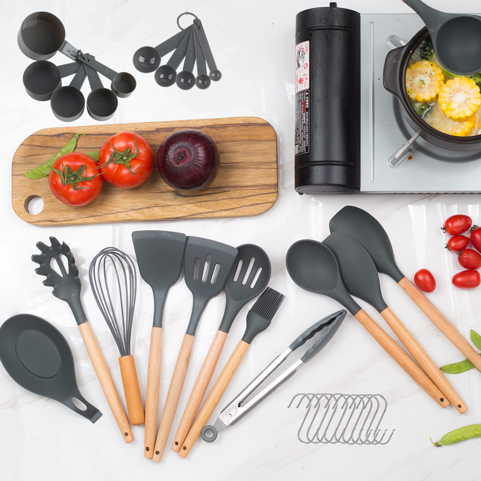 33 Pcs Cooking Utensils Set, Heat Resistance Silicone Kitchen Utensils Set with Holder, Non-stick Silicone Spatula Spoon Kitchen Gadgets Utensils Set with Natural Wooden Handle(Grey)