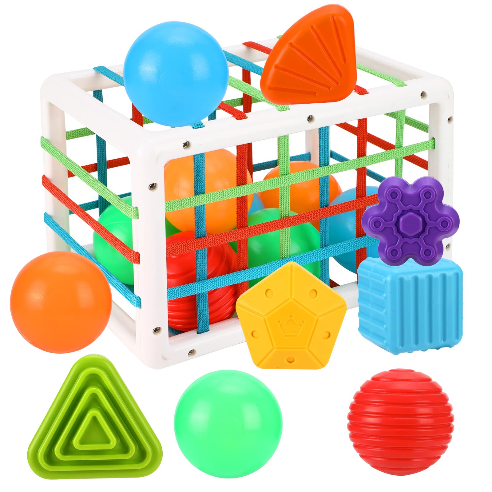 Augot Baby Shape Sorting Toys, Colorful Elastic Bands Sensory Shape Sorter Bins with Balls & Blocks, Early Learning Preschool Educational Baby Sensory Toys for 18 Months and Up Boy Girl Kids(12PCS)