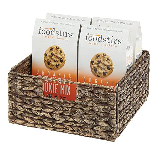 mDesign Woven Hyacinth Storage Bin Basket Organizer with Handles for Organizing Kitchen Pantry, Cabinet, Cupboard, Shelves - Holds Food, Drinks, Snacks - 4 Pack - Brown Wash