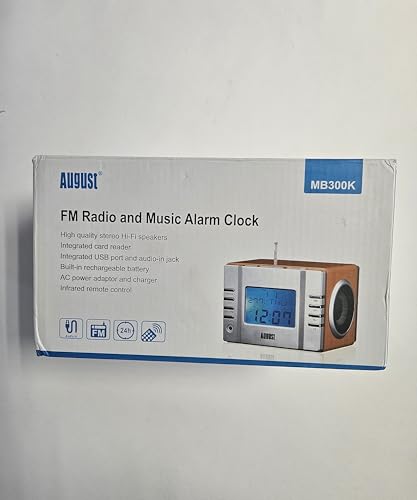 August MB300 Mini Wooden MP3 Stereo System and FM Clock Radio, with Card Reader, USB Port & AUX Jack (3.5mm Audio In), 2 x 3W Powerful Hi-Fi Speakers and Built-in Rechargeable Battery