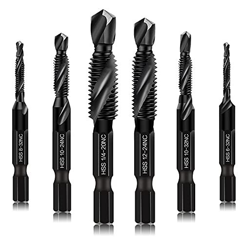 6 Packs Combination Drill & Taps Bit Set, Screw Tapping in SAE Size 6-32nc 8-32nc 10-32nc 10-24nc 12-24nc 1/4-20nc with Anti-Rust Black Coating, 1/4” Hex Shank and Storage Case