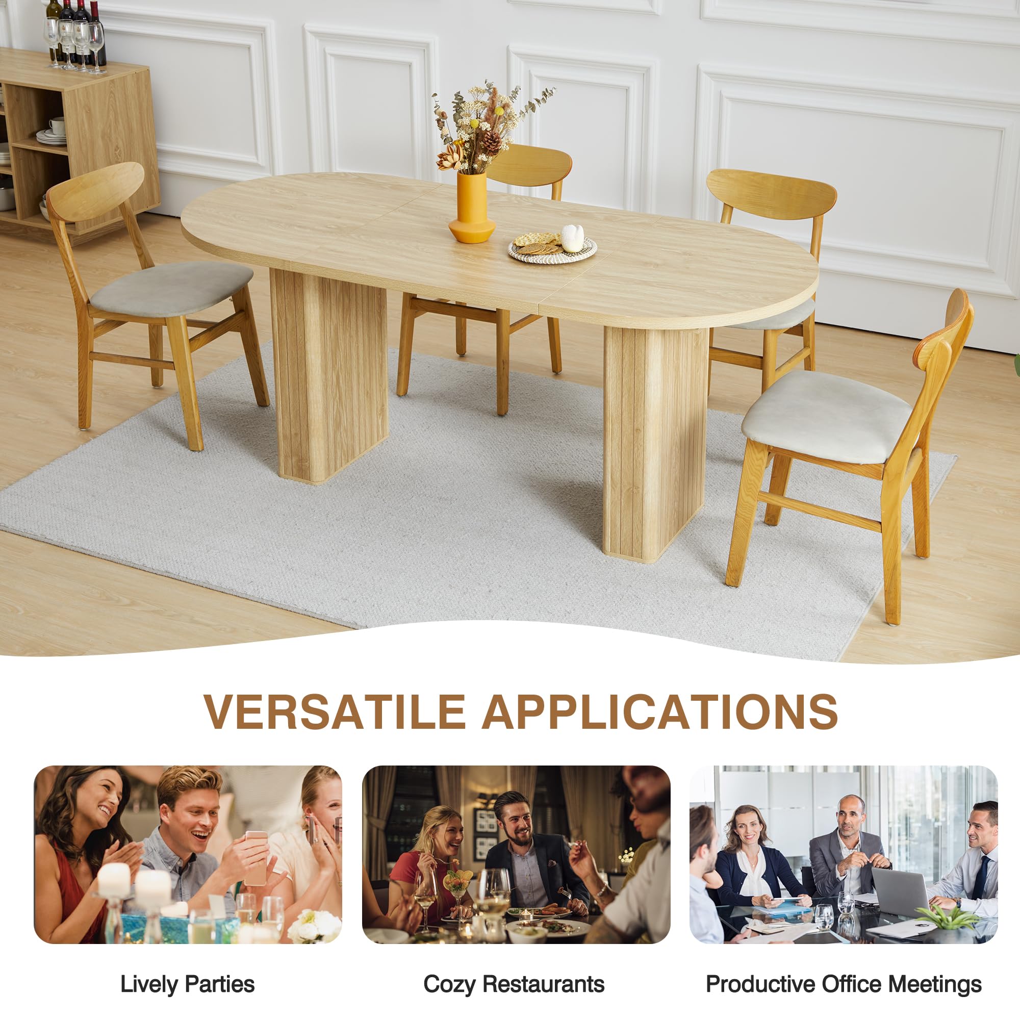70.8 Inch Kitchen Dining Table for 6-8 People, Oval Kitchen Table with Wood Strip Base, Modern Farmhouse Large Round Dining Room Tables for Kitchen Living Room (Natural)