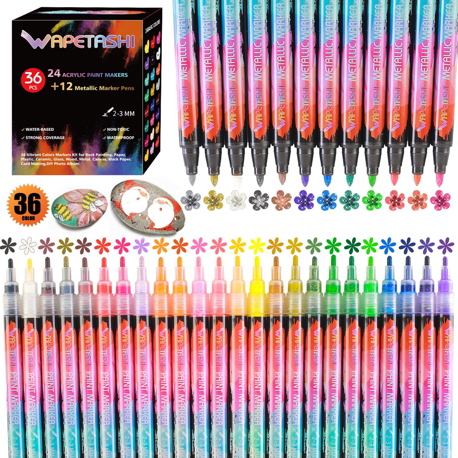 36 Acrylic Paint Marker Pens Set-For Rocks Painting, Ceramic, Glass, Wood, Fabric, Canvas, Mugs, DIY Craft Making Supplies, Card Making.Water Based, Quick-Dry,Include 24 Basic &12 Metallic Colors