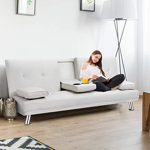 Walsunny Modern Faux Leather Sofa, Folding Reclining Sofa, Double arms, Living Room Bedroom Sofa Chair (White)