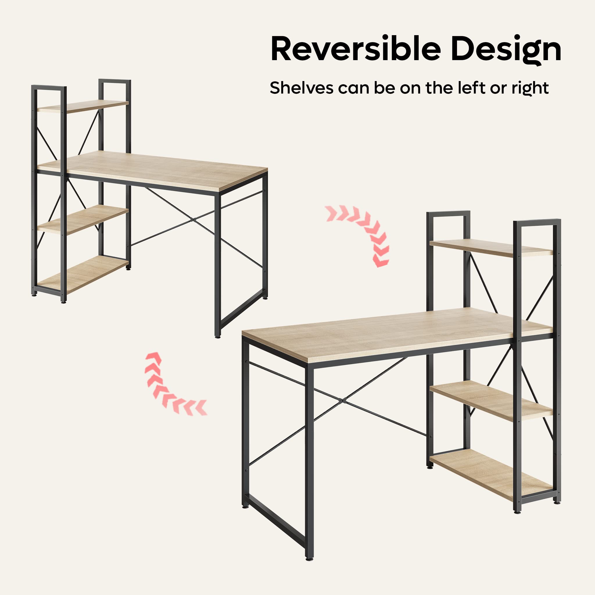 Bestier 47 Inch Computer Desk with Adjustable Shelves, Simple Writing Desk with Reversible Bookshelf and Metal Legs for Home Office and Studio, Oak