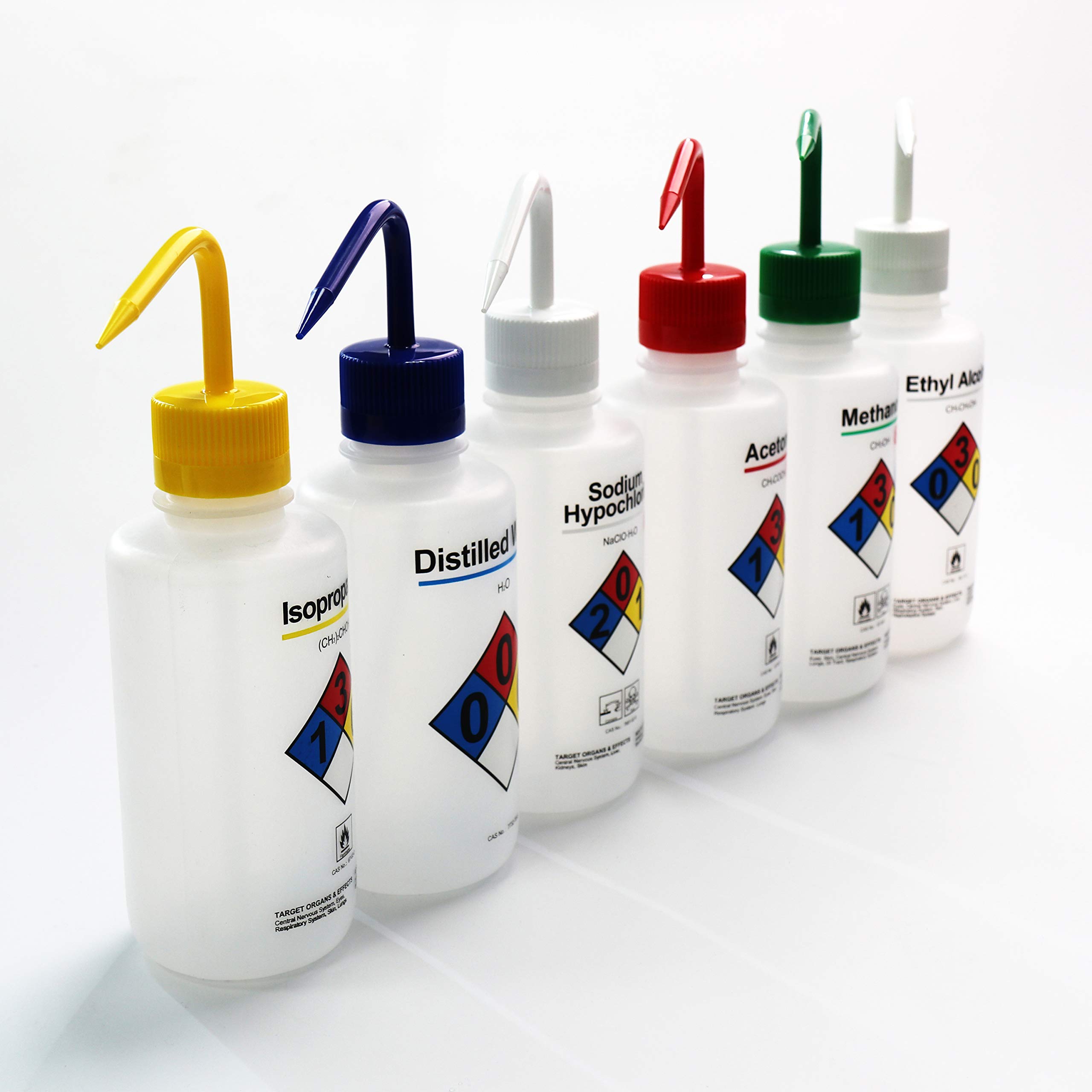 ULAB Scientific Right-to-Know Safety Wash Bottle Set, Acetone, Ethyl Alcohol, Methanol, Isopropanol, Distilled Water, Sodium Hypochloride, Vol.500ml with Draw Tube, UWB1001